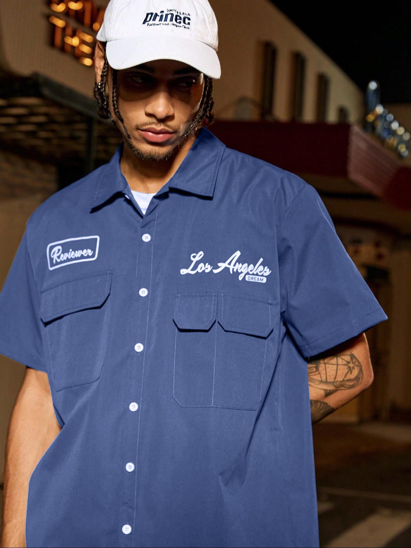 Men's Regular Fit Letter Print Short Sleeve Work Shirt, Casual Pocket ...