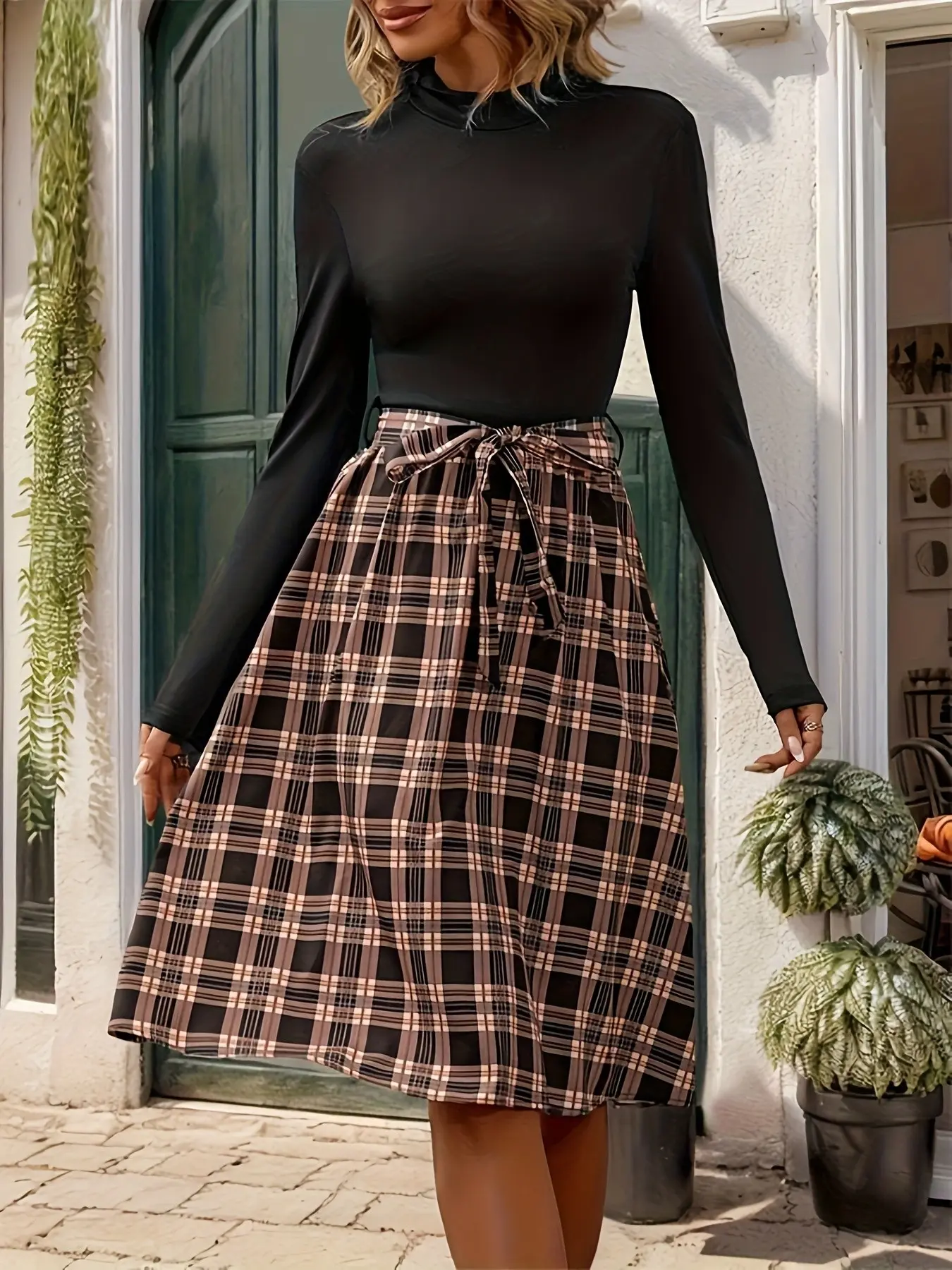 Plus Size Women's Two-Piece Dress, Half-Neck Long Sleeve Plain Top with ...