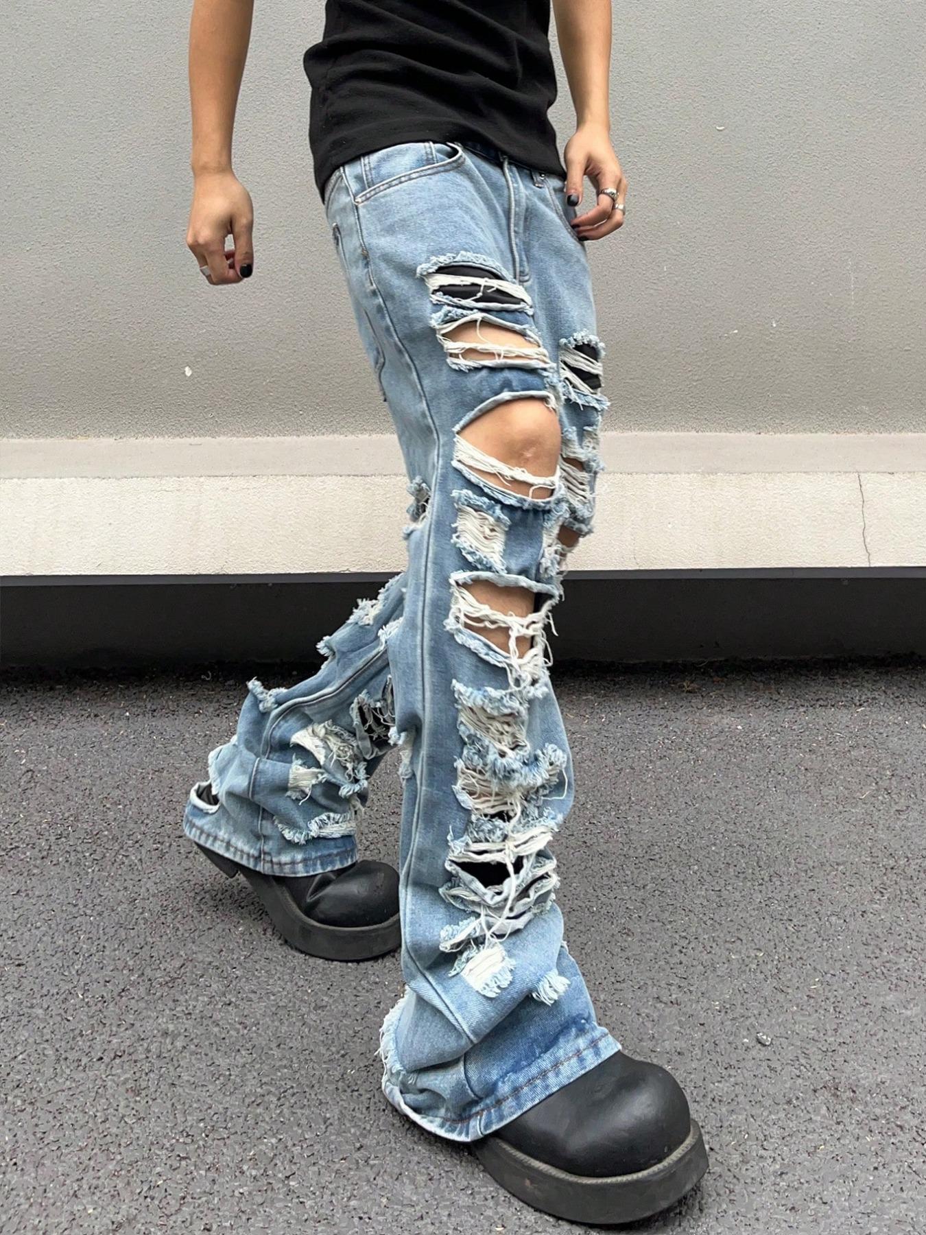 Men's Regular Fit Ripped Straight Leg Jeans - Casual Denim - TikTok Shop