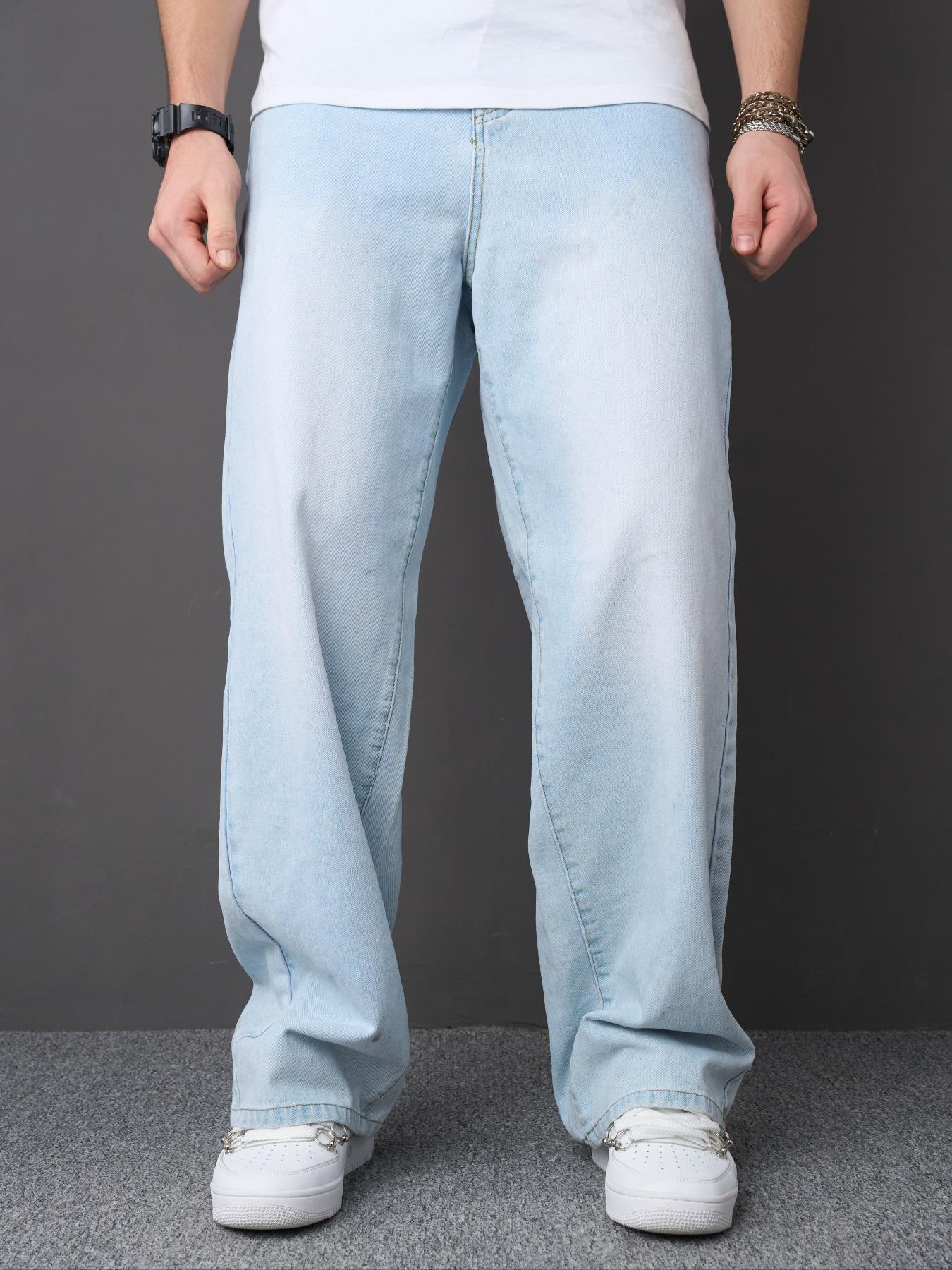 Men's Solid Color Straight Leg Jeans, Loose Fit Casual Style Comfy ...