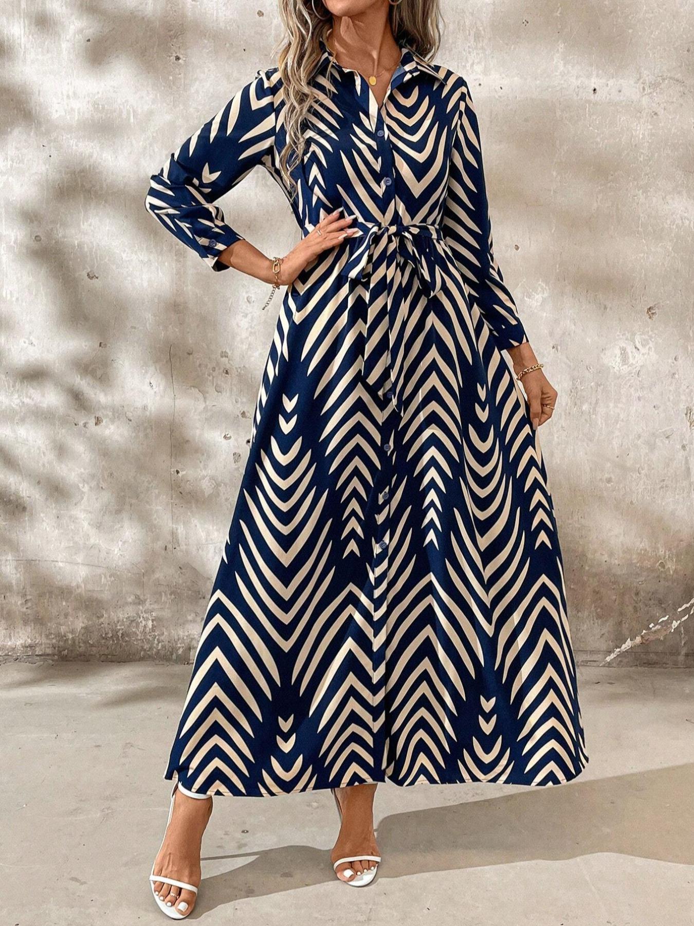 Women's Shirt Collar Tie Waist Adjustable Belt Woven Dress, Elegant ...