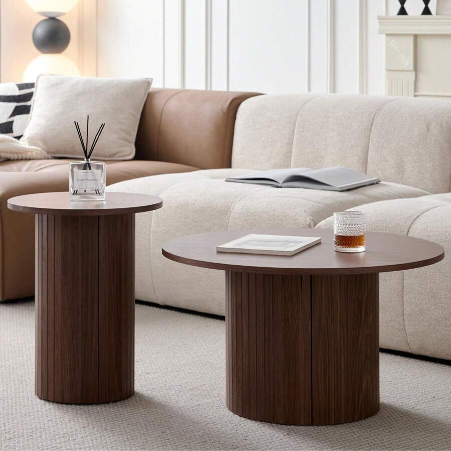 Round Nesting Coffee Set Of 2, Boho Wood Circle Side Fluted Drum ...