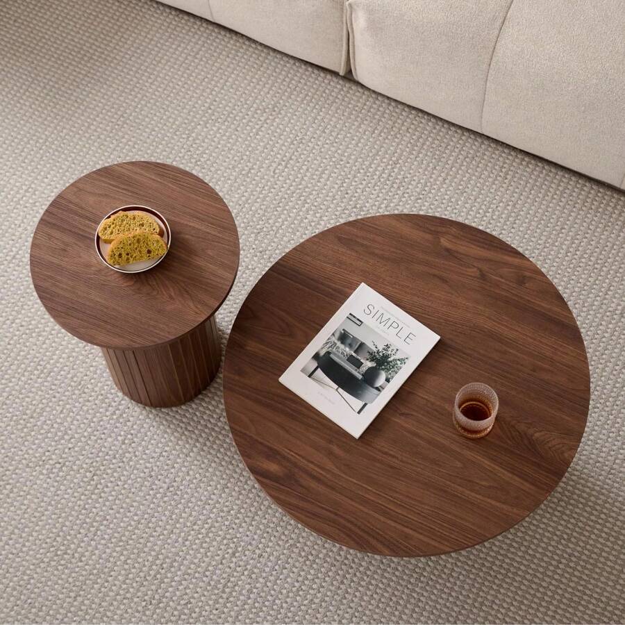 Round Nesting Coffee Set Of 2, Boho Wood Circle Side Fluted Drum ...