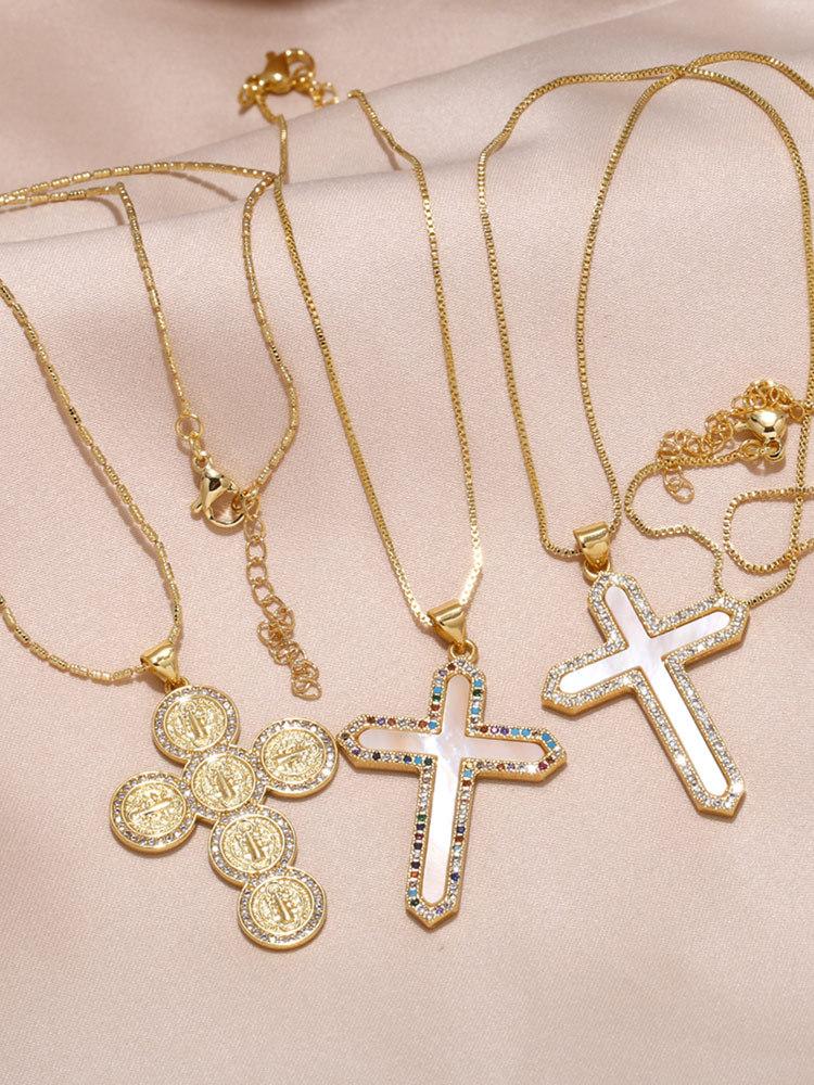 Virgin Mary Cross Zircon Pendant Necklace, Gold Plated Clavicle Chain ...