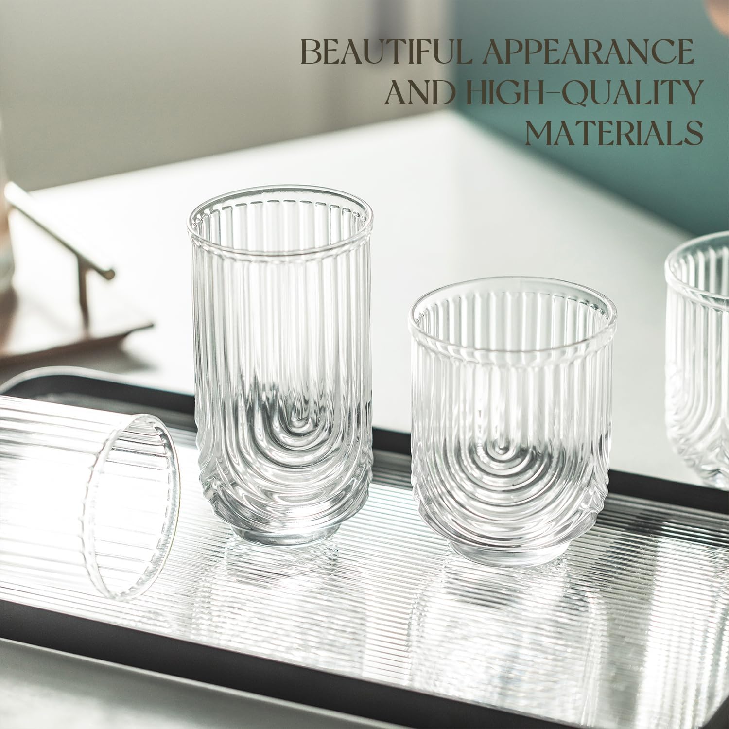 Art Deco Glasses, Highball Glasses Set Of 8, Ribbed Glasses, Drinking ...