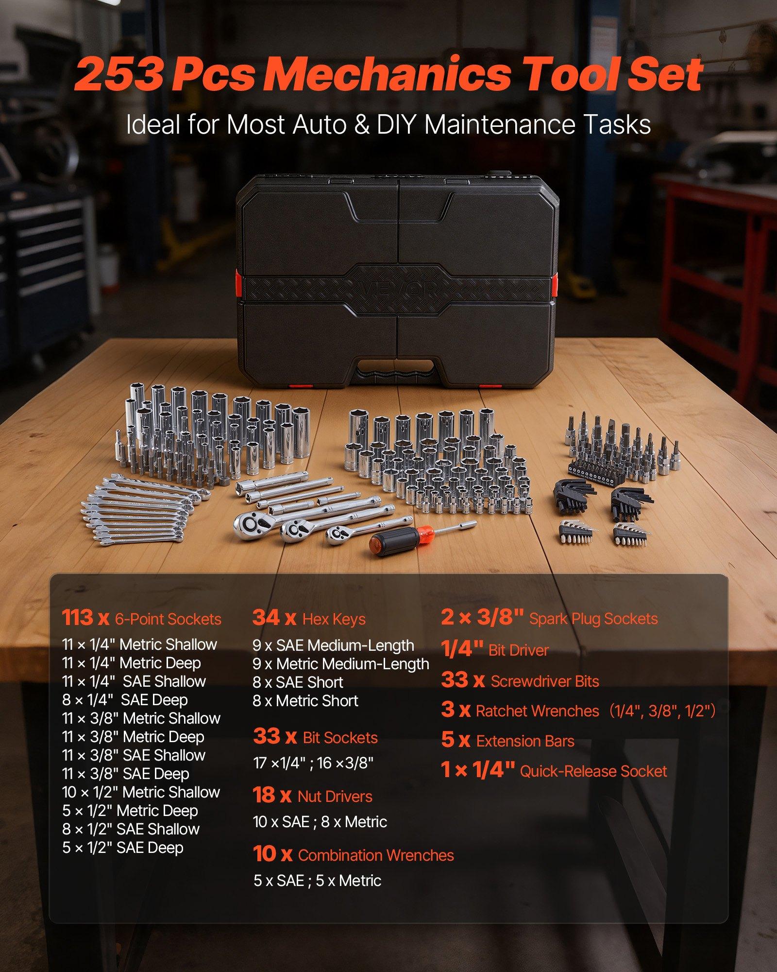 VEVOR 253-Piece Mechanic Tool Kit Set - 1/4 in, 3/8 in, 1/2 in Drive ...