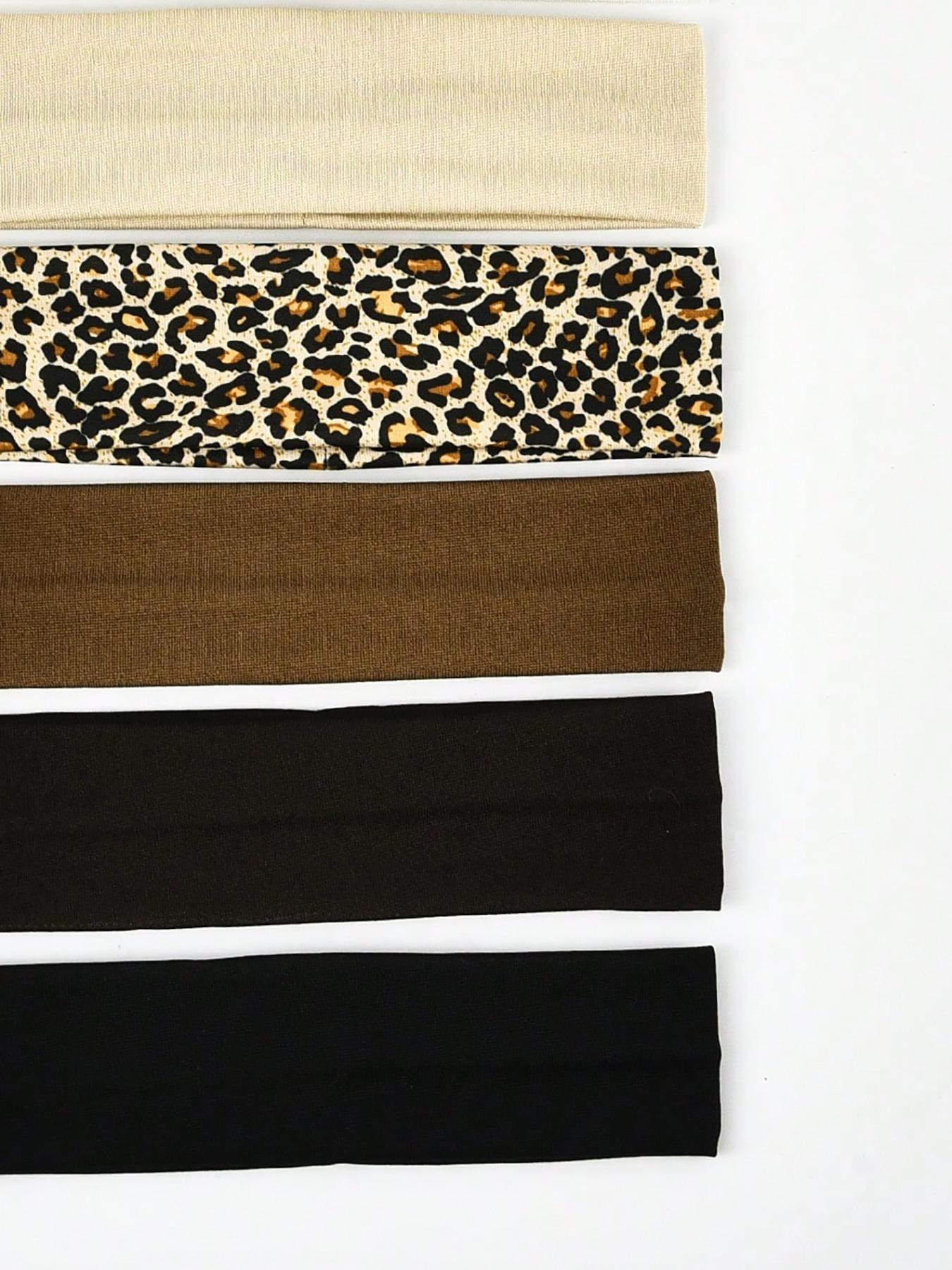 6pcs Women's Elastic Leopard Print & Solid Color Flat Headband For ...